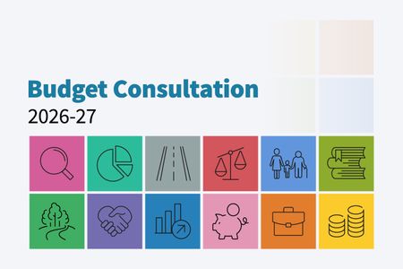 Graphics for the Kent County Council budget consultation 2026-27 campaign. Imagery depicts a briefcase, magnifying glass, coins, ledgers, a road, weighing scales, people, trees, graphs and a pie chart